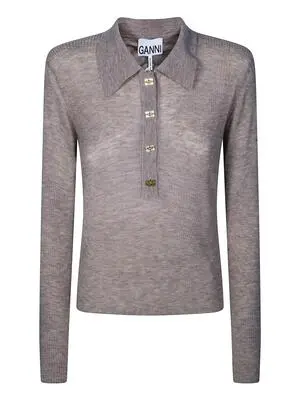 GANNI Ribbed Sheer Wool Polo - Beige