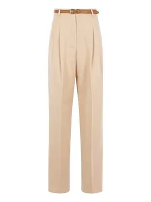 Max Mara Max Mara Studio Cotton Crepe Trousers With High Waist, Belt Loops & Ironed Crease Beige