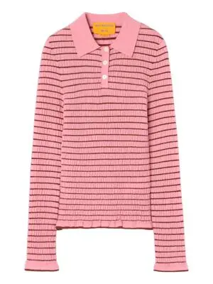 Guest In Residence GUEST IN RESIDENCE Long-Sleeve Striped Polo With Gathered Detail Rosa