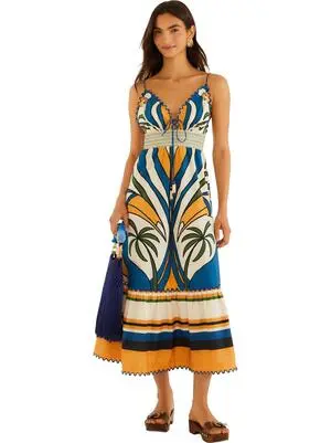 Farm Rio FARM RIO Long Printed Cotton Dress With Elastic Waistband And V-Neck Lace Detail Multicolor