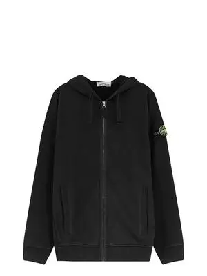 Stone Island 100% Cotton Zip-front Hoodie With Drawstring Hood And Ribbed Cuffs - Nero