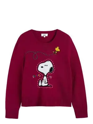 Chinti & Parker Snoopy Embroidered Crew Neck Sweater - Pink