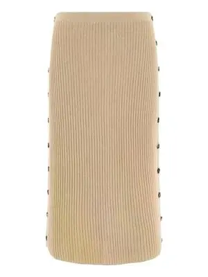 FERRAGAMO Ribbed-knit Midi Skirt With Button Detail - Neutrals