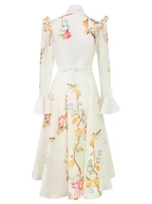 LEO LIN Leo Lin Off-White Floral Print Ruffled Shoulder Midi Dress