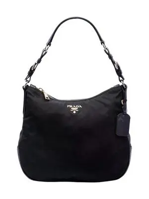 Prada Saffiano Trimmed Tessuto Shoulder Bag - Black