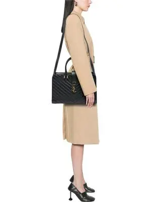 Saint Laurent Medium Chevron Calfskin Monogram Cabas Satchel - Black