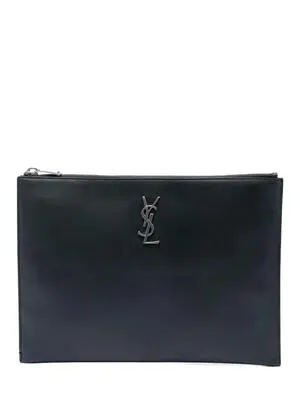 Saint Laurent Leather Monogrammed Ipad Case Clutch Bag - Blue