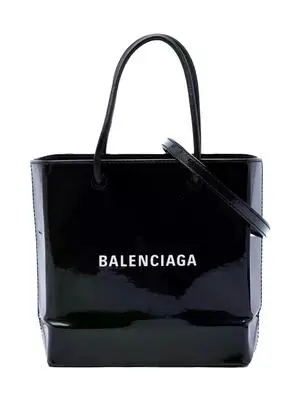 Balenciaga Patent Logo Shopping Tote Xxs Satchel - Black