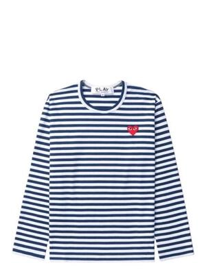 Play Comme Des Garcon Heart Logo Striped Long Sleeve T-shirt - Navy Blue