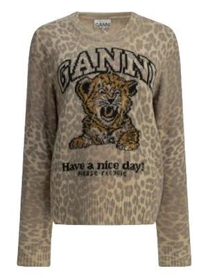 GANNI Crewneck Sweatshirt With Tiger Motif - Brown