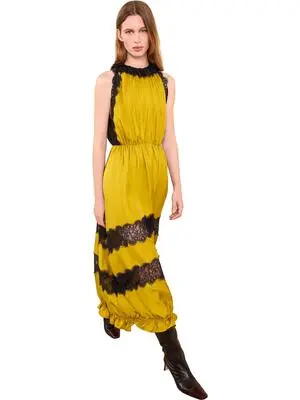 Ulla Johnson Alix Sleeveless Silk Midi Dress With Lace Trim - Citrine