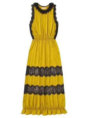 Ulla Johnson Alix Sleeveless Silk Midi Dress With Lace Trim - Citrine