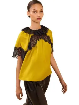 Ulla Johnson Nina Short Sleeve Silk Twill Blouse With Lace Trim - Citrine