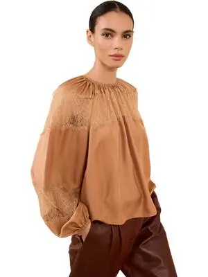 Ulla Johnson Bess Silk Twill Blouse With Chantilly Lace And Raglan Sleeves - Macaroon