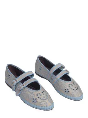 FLABELUS X Roller Rabbit Eyelet Embroidered Mary Jane Flats - Light Grey