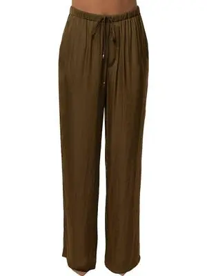 JLUXLABEL High-waisted Crinkled Satin Drawstring Trousers - Olive