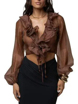 JLUXLABEL Delilah Ruffled Tie Front Cropped Blouse - Bronze