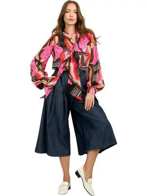 Trina Turk Pienza Printed V-neck Tie Neck Long Sleeve Blouse - Giostra