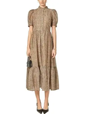 English Factory Print Organza Puff Sleeve Midi Dress - Leopard