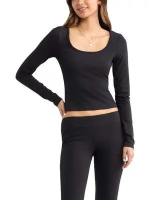 Bp. Deep Scoop Neck Long Sleeve Cotton Blend Tee - Black