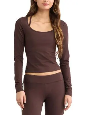 Bp. Deep Scoop Neck Long Sleeve Cotton Blend Tee - Brown Coffee