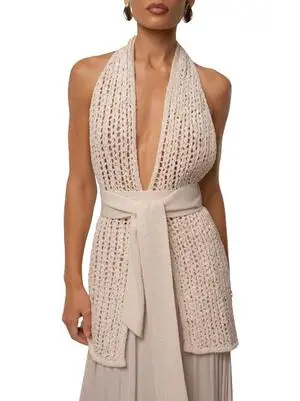 JLUXLABEL Low Tide Crochet Halter Top With Adjustable Waist Sash - Ivory