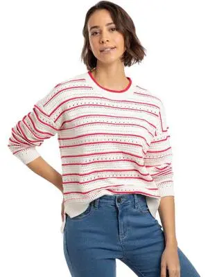 WEIRD FISH Liah Pointelle Striped Crew Neck Jumper - Deep Pink