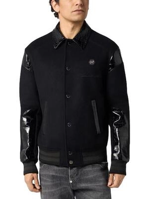 Philipp Plein Wool Bomber Jacket With Croco Inserts - Black