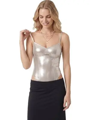 MODENAIRE Metallic Sculpted Strap Bodysuit - Metallic Silver
