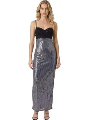 MODENAIRE Sequin Lace Bustier Maxi Dress - Silver/black