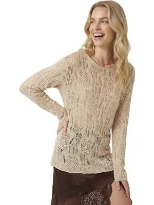 MODENAIRE Open Knit Pullover Sweater With Distressed Texture - Tan