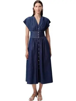 EXQUISE Fitted Denim Midi Dress With V-neck And Belted Waist - Blue