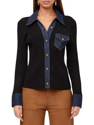 Fifteen Twenty Ribbed Cardigan With Denim Trim - Black