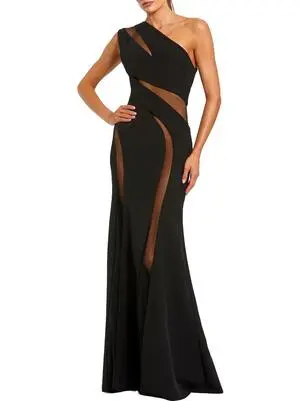 Mac Duggal One Shoulder Illusion Cutout Gown - Black