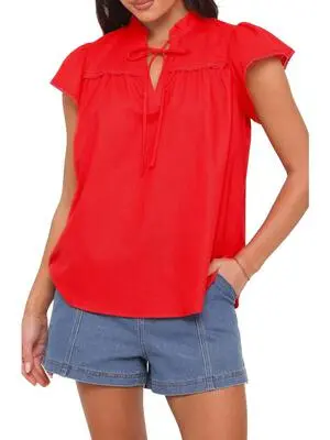 PETAL & PUP Kylie Flutter Sleeve Top With Tie Neckline - Red