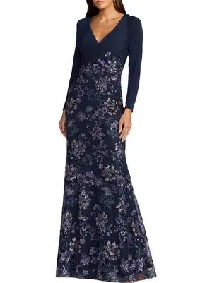 Mac Duggal Petite Floral Embroidered Long Sleeve Gown - Midnight Multi