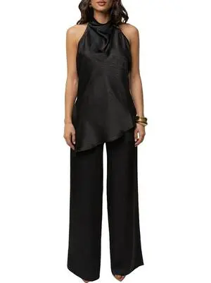 JLUXLABEL Draped Satin Halter Top And High-waisted Trouser Set - Black