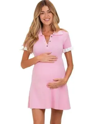 PINKBLUSH Knit Ruffle Sleeve Mini Polo Dress - Pink