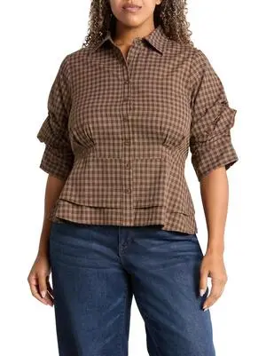 Wit & Wisdom Plaid Double Peplum Shirt - Cold Brew Multi