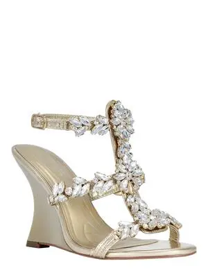 AZALEA WANG Porceline Wedge Sandal With Floral Rhinestone Embellishments - Gold