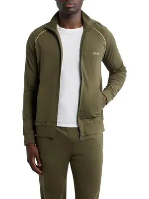 BOSS Full Zip Hoodie With Stand Collar And Raglan Sleeves - Open Green