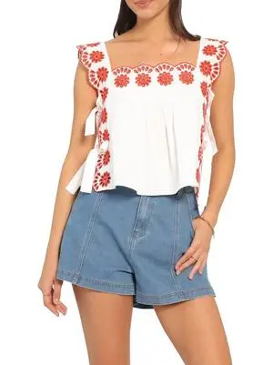 PETAL & PUP Embroidered Cotton Tie Top - Red