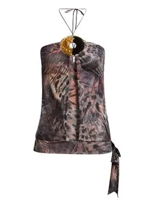 JADED LONDON Plunge Cutout Halter Top With Ring Detail - Brown