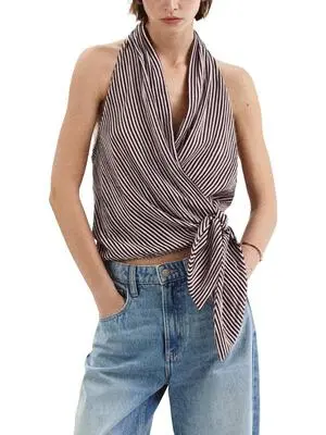 Mango Striped Halter Top With Knot Detail - Maroon