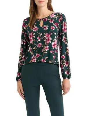 Anne Klein Floral Keyhole Long Sleeve Top - Treeline Multi