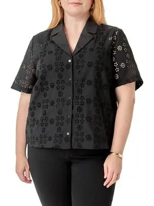 English Factory Embroidered Eyelet Cotton Camp Shirt - Black