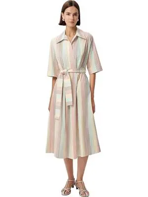 EXQUISE Keitha Belted Striped Midi Dress - Multi Color