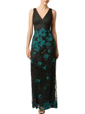 AIDAN MATTOX Aidan Mattox Sleeveless V-Neck Gown With Floral Embroidery And Beadwork