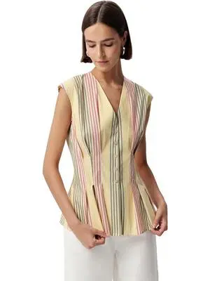EXQUISE Biana V-neck Sleeveless Striped Pleated Waist Shirt - Multi Color