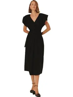 EXQUISE Sabrina Midi Dress With V-neck And Belt - Black